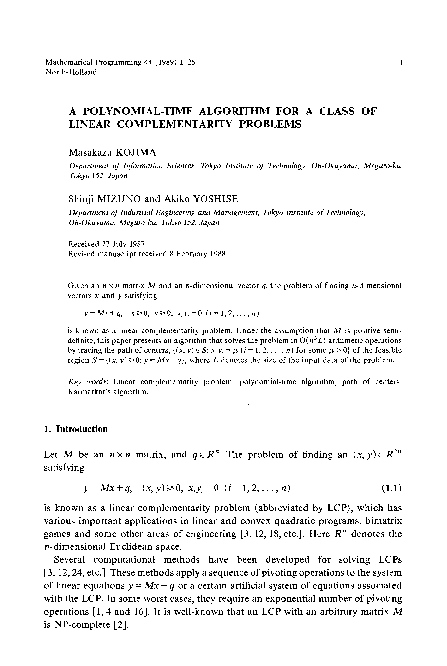 (PDF) A polynomial-time algorithm for a class of linear complementarity problems