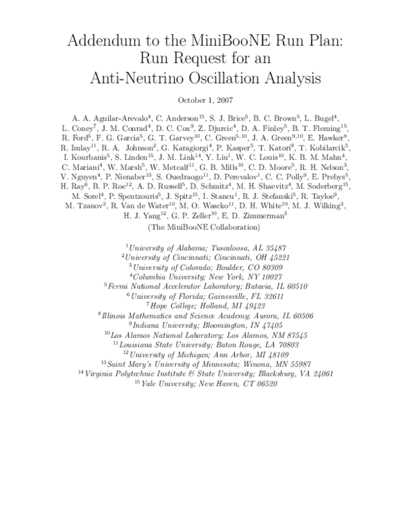 (PDF) Addendum to the MiniBooNE Run Plan: Run Request for an Anti-Neutrino Oscillation Analysis