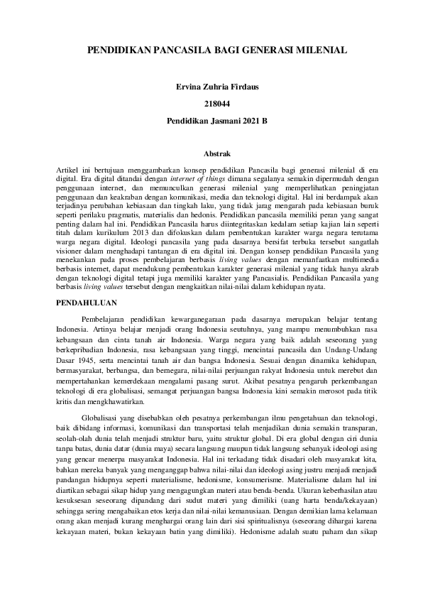 (PDF) PENDIDIKAN PANCASILA BAGI GENERASI MILENIAL