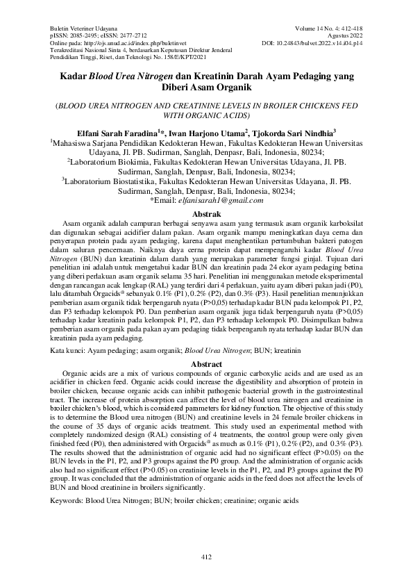 (PDF) Kadar Blood Urea Nitrogen dan Kreatinin Darah Ayam Pedaging yang ...