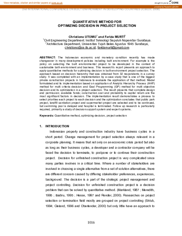 (PDF) Quantitative method for optimizing decision in project selection
