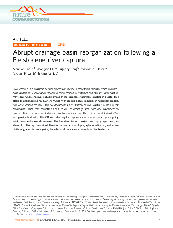 (PDF) Abrupt drainage basin reorganization following a Pleistocene river capture