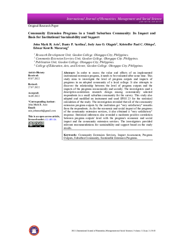 (PDF) Community Extension Programs in a Small Suburban Community: Its ...