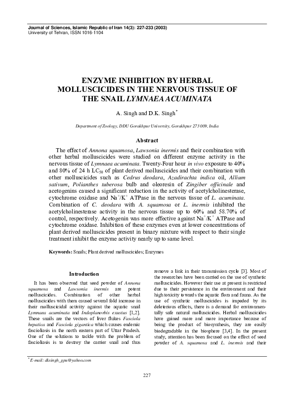 (PDF) Enzyme inhibition by herbal molluscicides in the nervous tissue ...