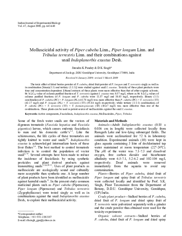 Molluscicidal activity of Piper cubeba Linn., Piper longum Linn. and ...