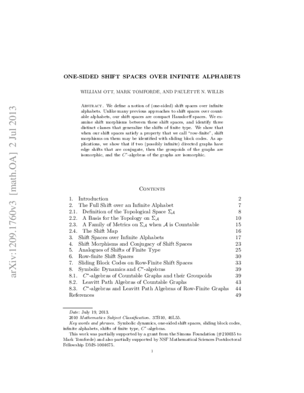 (PDF) One-sided shift spaces over infinite alphabets | William Ott - Academia.edu