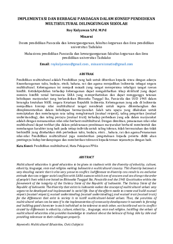 (PDF) IMPLEMENTASI DAN BERBAGAI PANDAGAN DALAM KONSEP PENDIDIKAN MULTIKULTURAL DILINGKUNGAN SEKOLAH