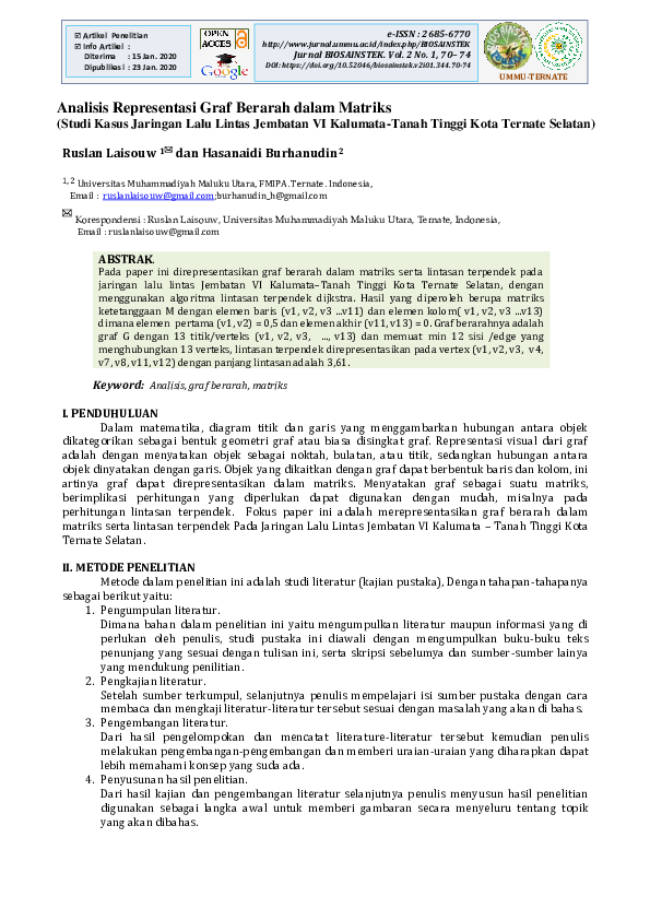 (PDF) Analisis Representasi Graf Berarah dalam Matriks