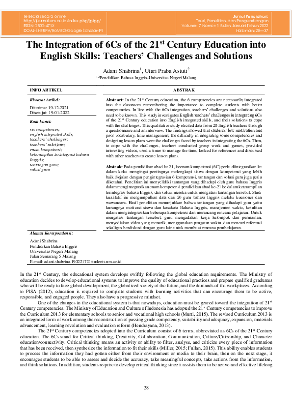 (PDF) The Integration of 6Cs of the 21st Century Education into English Skills: Teachers ...