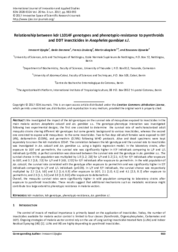 (PDF) Relationship between kdr L1014F genotypes and phenotypic-resistance to pyrethroids and DDT ...