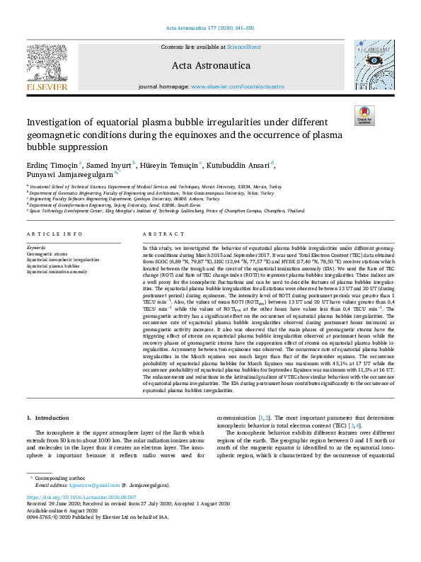 (PDF) Investigation of equatorial plasma bubble irregularities under ...