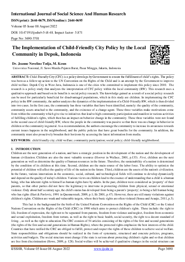 (PDF) The Implementation of Child-Friendly City Policy by the Local ...
