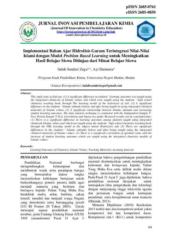 (PDF) Implementasi Bahan Ajar Hidrolisis Garam Terintegrasi Nilai-Nilai Islami dengan Model ...