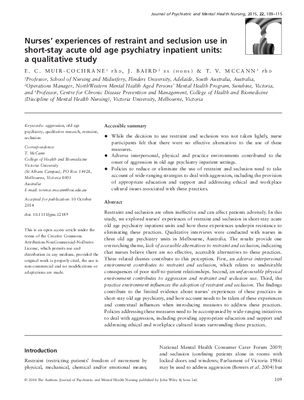 (PDF) Nurses' experiences of restraint and seclusion use in short-stay acute old age psychiatry ...
