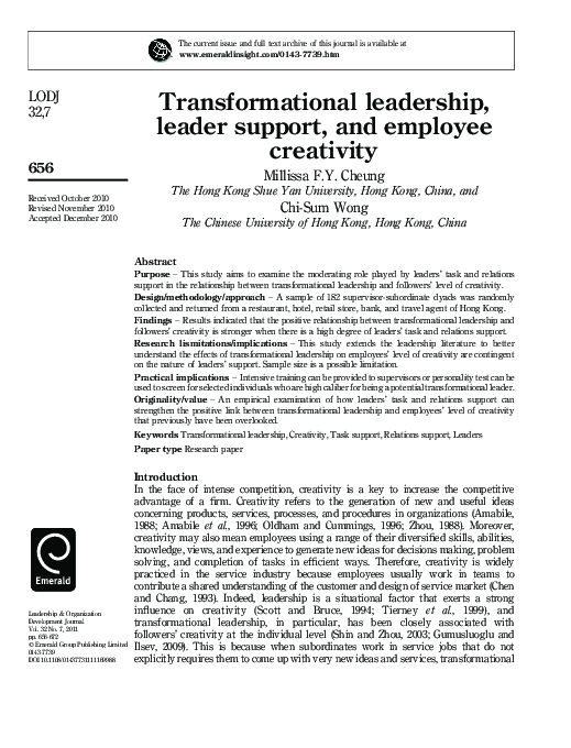 (PDF) Transformational leadership, leader support, and employee creativity