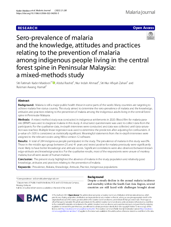 (PDF) Sero-prevalence of malaria and the knowledge, attitudes and ...