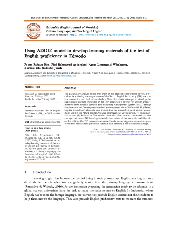 (PDF) Developing TEP Learning Materials via the ADDIE Model in Edmodo