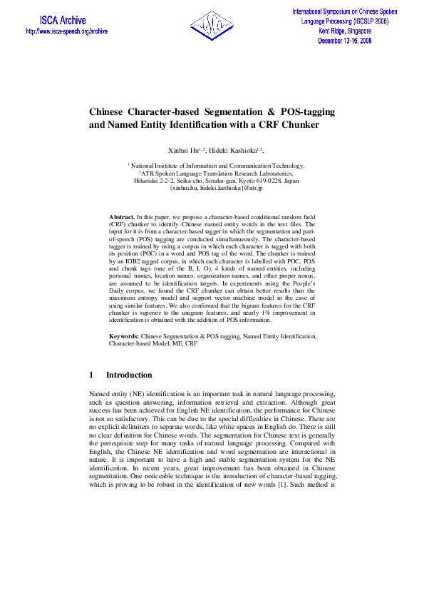 Pdf Chinese Character Based Segmentation And Pos Tagging And Named Entity Identification With A 8837