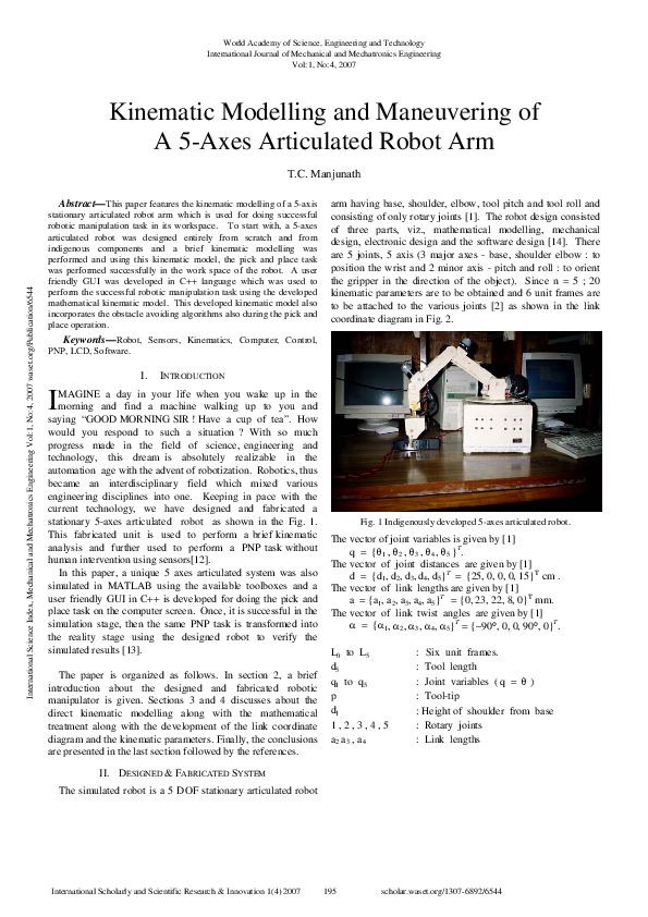 (PDF) Kinematic Modelling And Maneuvering Of A 5-Axes Articulated Robot Arm