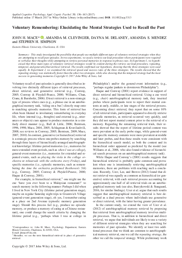 (PDF) Voluntary Remembering: Elucidating the Mental Strategies Used to ...