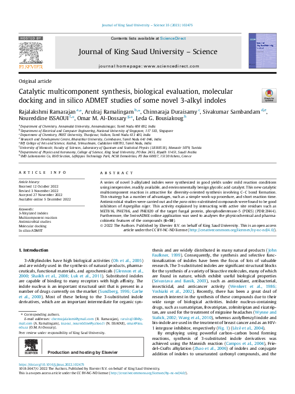 (PDF) Catalytic multicomponent synthesis, biological evaluation, molecular docking and in silico ...