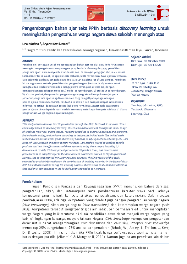 (PDF) Pengembangan bahan ajar teks PPKn berbasis discovery learning untuk meningkatkan ...