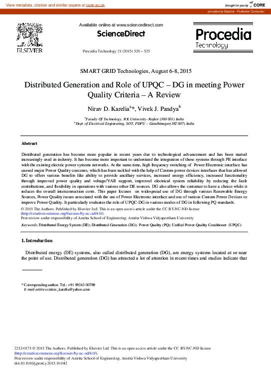 (PDF) Distributed Generation and Role of UPQC – DG in Meeting Power Quality Criteria – A Review ...