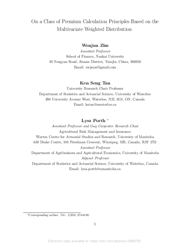 (PDF) On a Class of Premium Calculation Principles Based on the ...