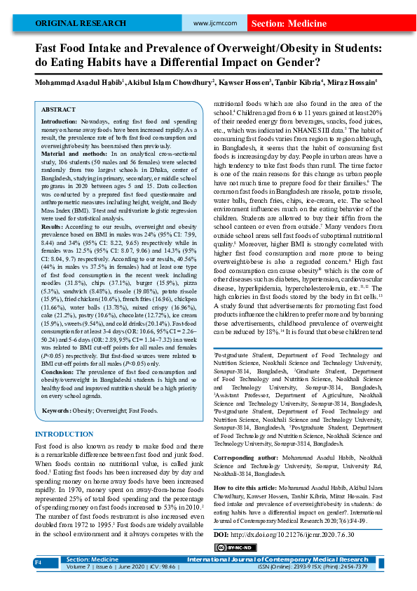 (PDF) Fast Food Intake and Prevalence of Overweight/Obesity in Students ...