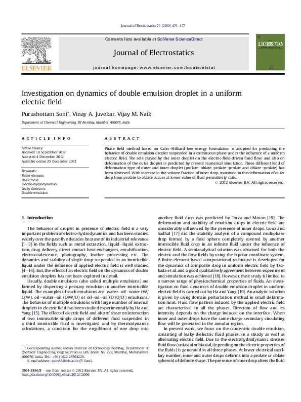 (PDF) Investigation on dynamics of double emulsion droplet in a uniform electric field