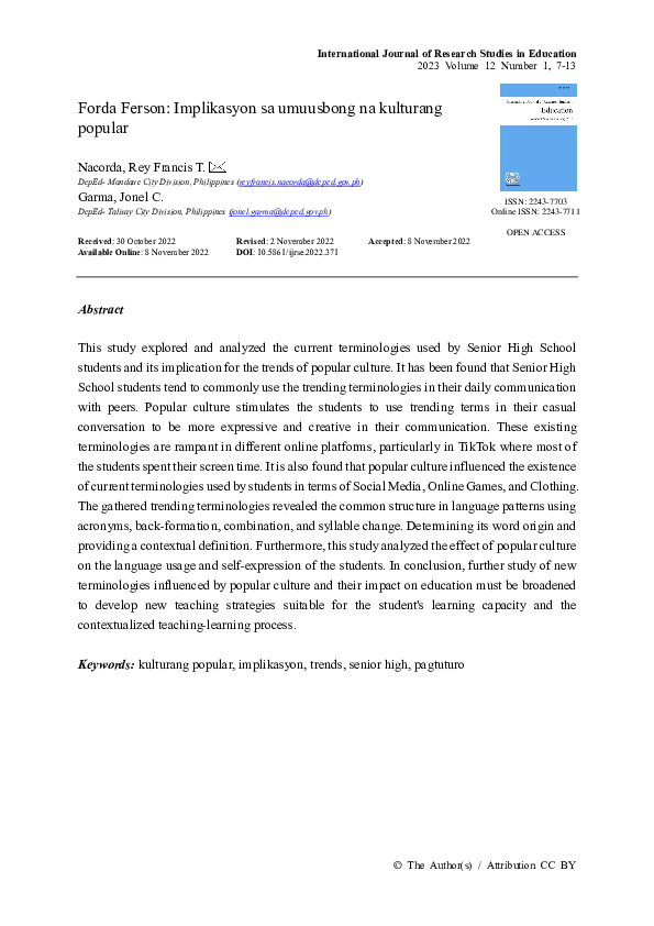 (PDF) Forda Ferson: Implikasyon sa umuusbong na kulturang popular