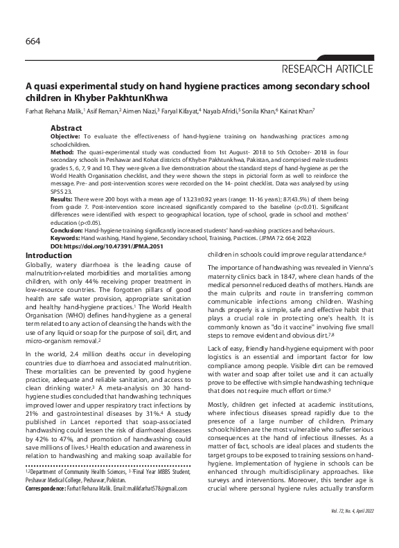 (PDF) A Quasi Experimental Study on Hand Hygiene Practices among ...