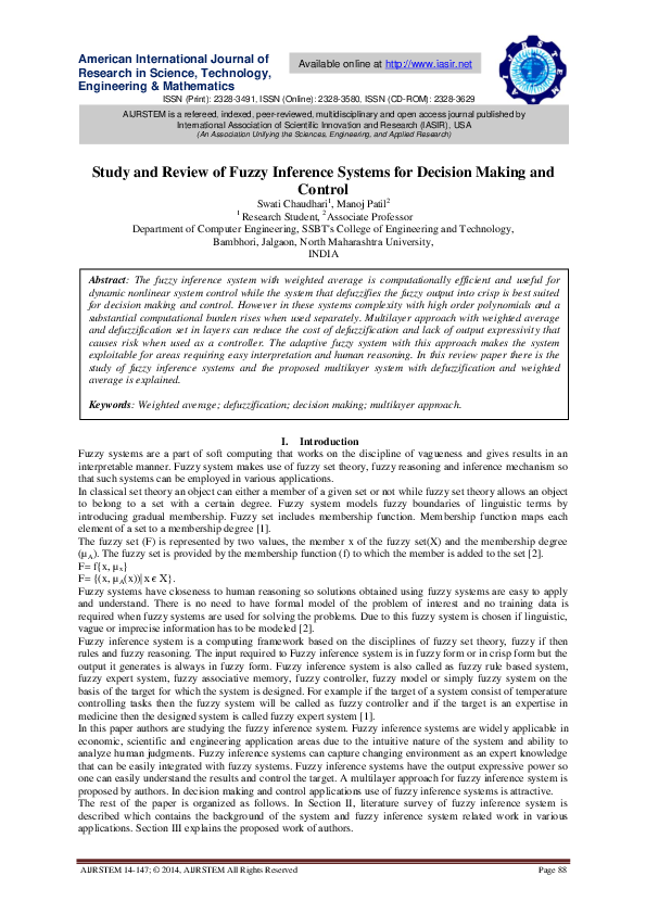 (PDF) Study and Review of Fuzzy Inference Systems for Decision Making and Control