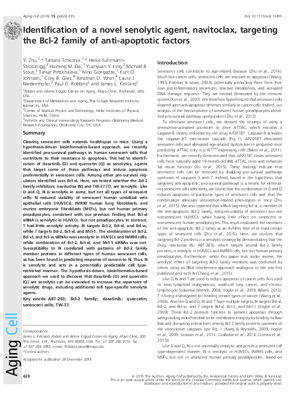 (PDF) Identification of a novel senolytic agent, navitoclax, targeting ...
