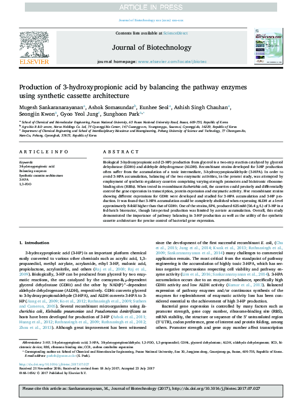 (PDF) Production of 3-hydroxypropionic acid by balancing the pathway ...