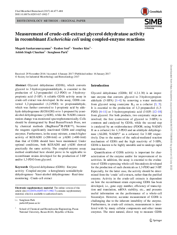 (PDF) Measurement of crude-cell-extract glycerol dehydratase activity ...