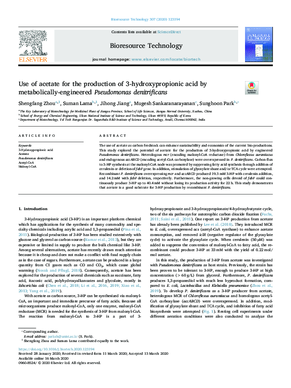 (PDF) Use of acetate for the production of 3-hydroxypropionic acid by ...
