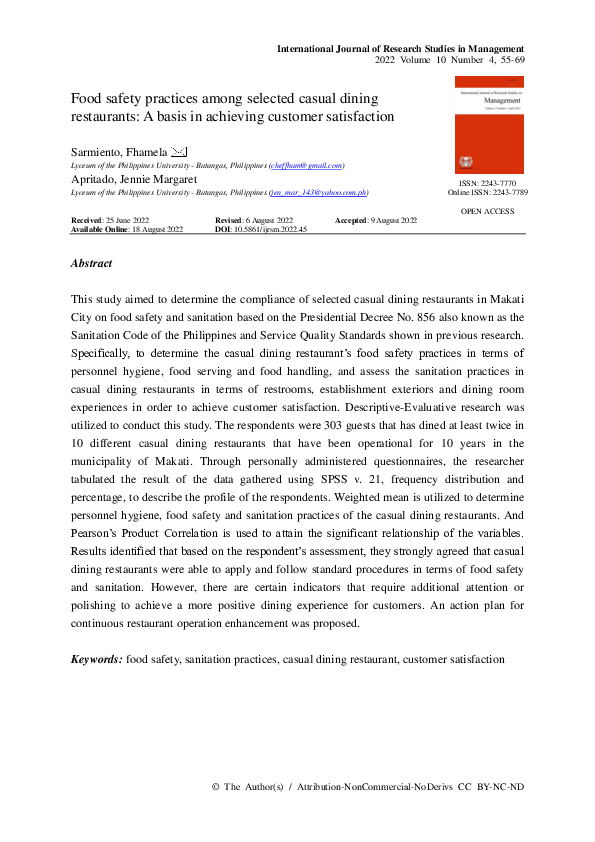 (PDF) Food safety practices among selected casual dining restaurants: A ...