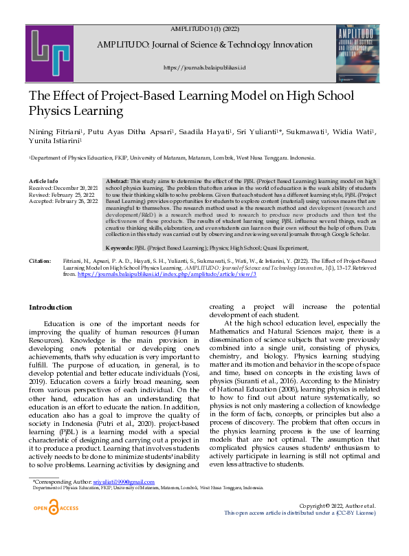(PDF) The Effect of Project Based Learning Model on High School Physics Learning