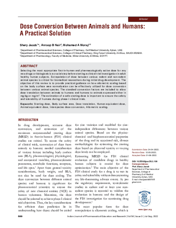 (PDF) Dose Conversion Between Animals and Humans: A Practical Solution