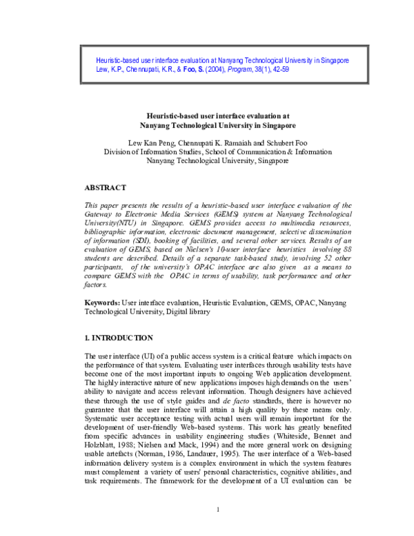 Pdf Heuristic‐based User Interface Evaluation At Nanyang