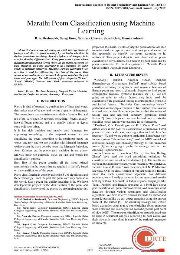 (PDF) Marathi Poem Classification using Machine Learning | Rushali ...