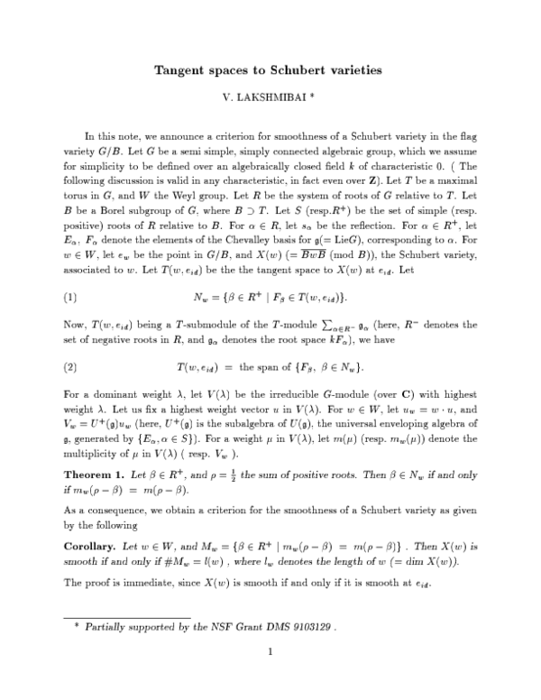 Pdf Tangent Spaces To Schubert Varieties Venkatramani Lakshmibai