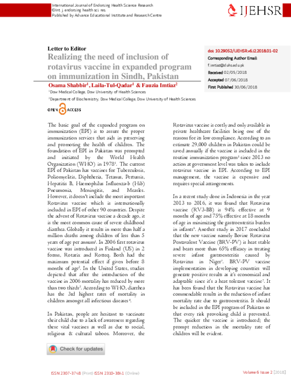 (PDF) Realizing the need of inclusion of Rotavirus vaccine in Expanded ...