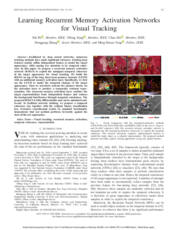 (PDF) Learning Recurrent Memory Activation Networks for Visual Tracking