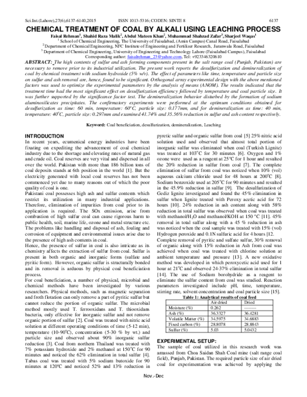 (PDF) Chemical Treatment of Coal by Alkali Using Leaching Process