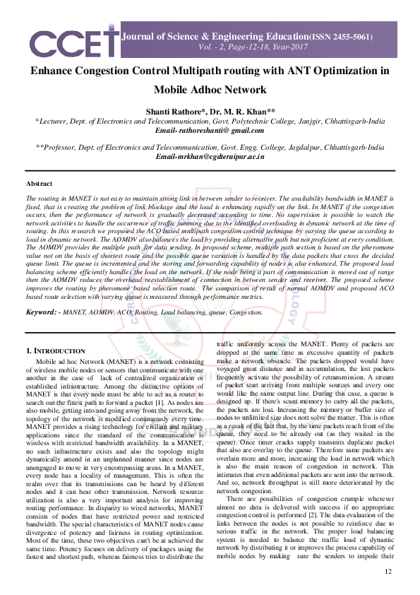 (PDF) Enhance congestion control multipath routing with ANT optimization in Mobile ad hoc ...