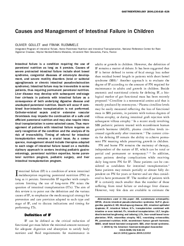 (PDF) Causes and Management of Intestinal Failure in Children