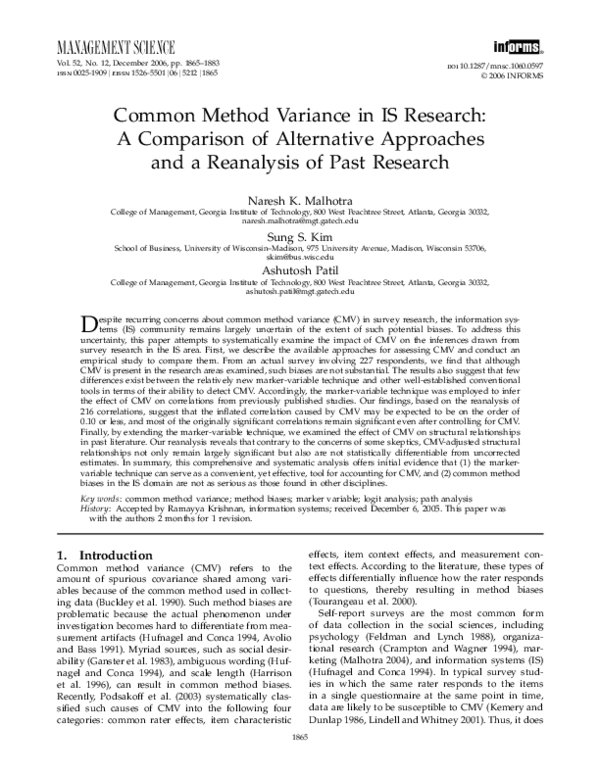 (PDF) Common Method Variance in IS Research: A Comparison of Alternative Approaches and a ...