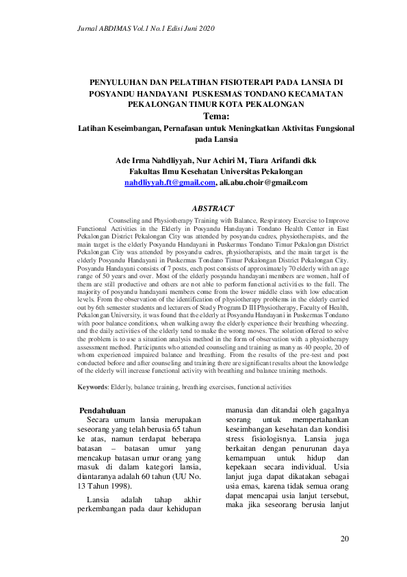 (PDF) PENYULUHAN DAN PELATIHAN FISIOTERAPI PADA LANSIA DI POSYANDU HANDAYANI PUSKESMAS TONDANO ...